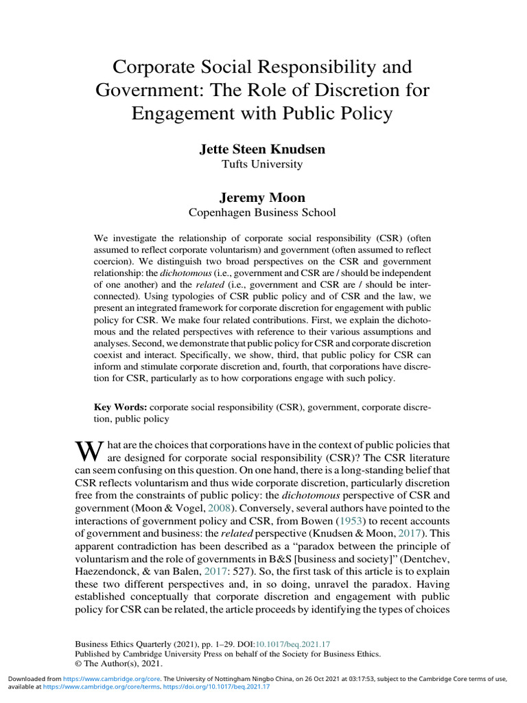 Corporate Social Responsibility and Government: The Role of Discretion ...