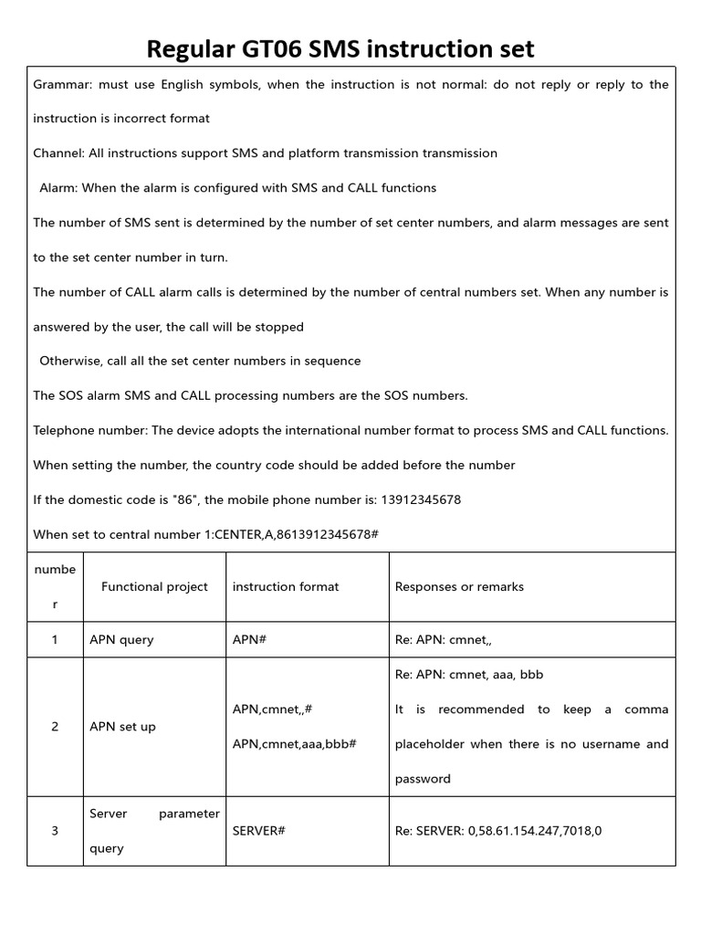 GT06 SMS Command Instructions | PDF | Telephone | Computer Engineering