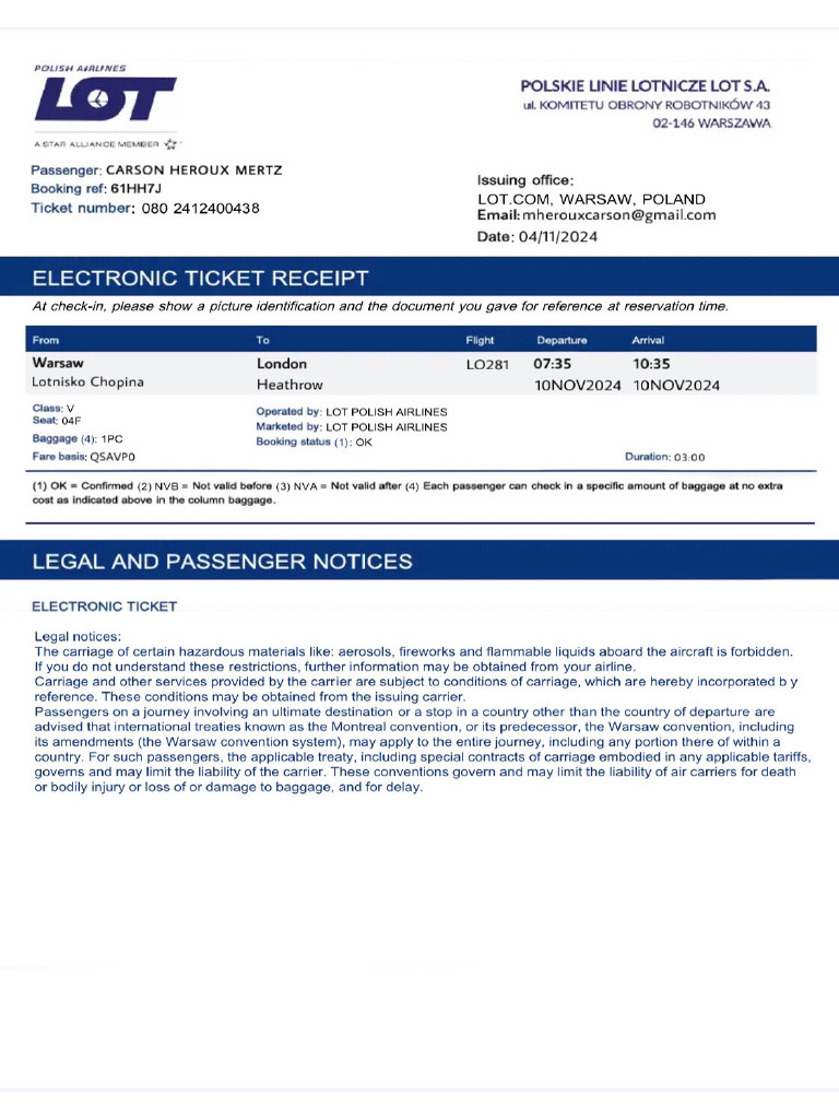 Lot. Airwwy Flight Ticket Confirmation | PDF