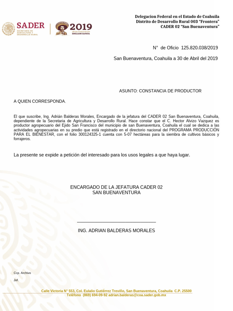 constancia de productor de hector alvizo vazquez | PDF