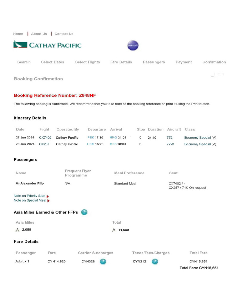 Cathay Pacific Flight Ticket | PDF
