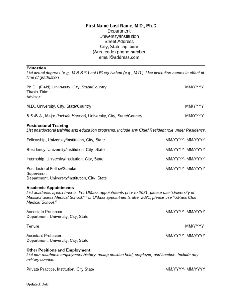 UMass Chan Medical School CV Template | PDF | Fellow | Residency (Medicine)