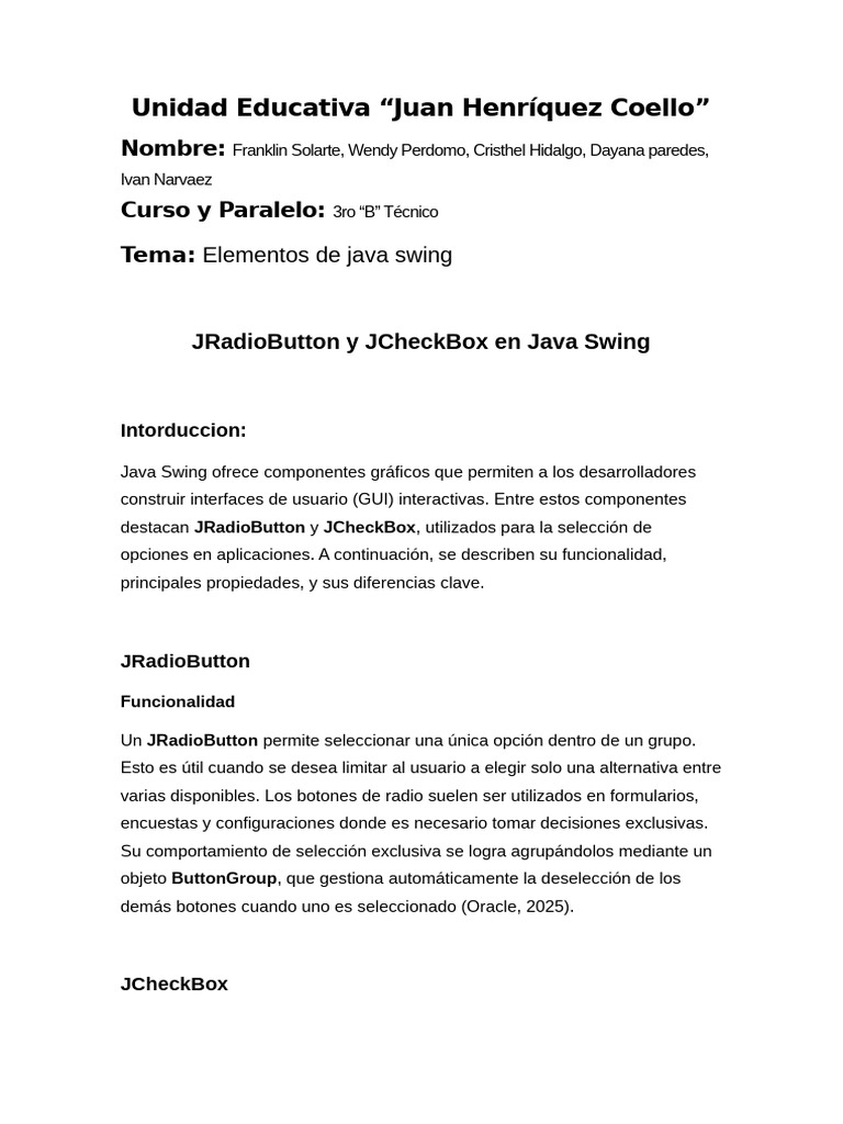 JRadioButton vs JCheckBox en Java Swing | PDF | Java (lenguaje de programación) | Interfaces ...
