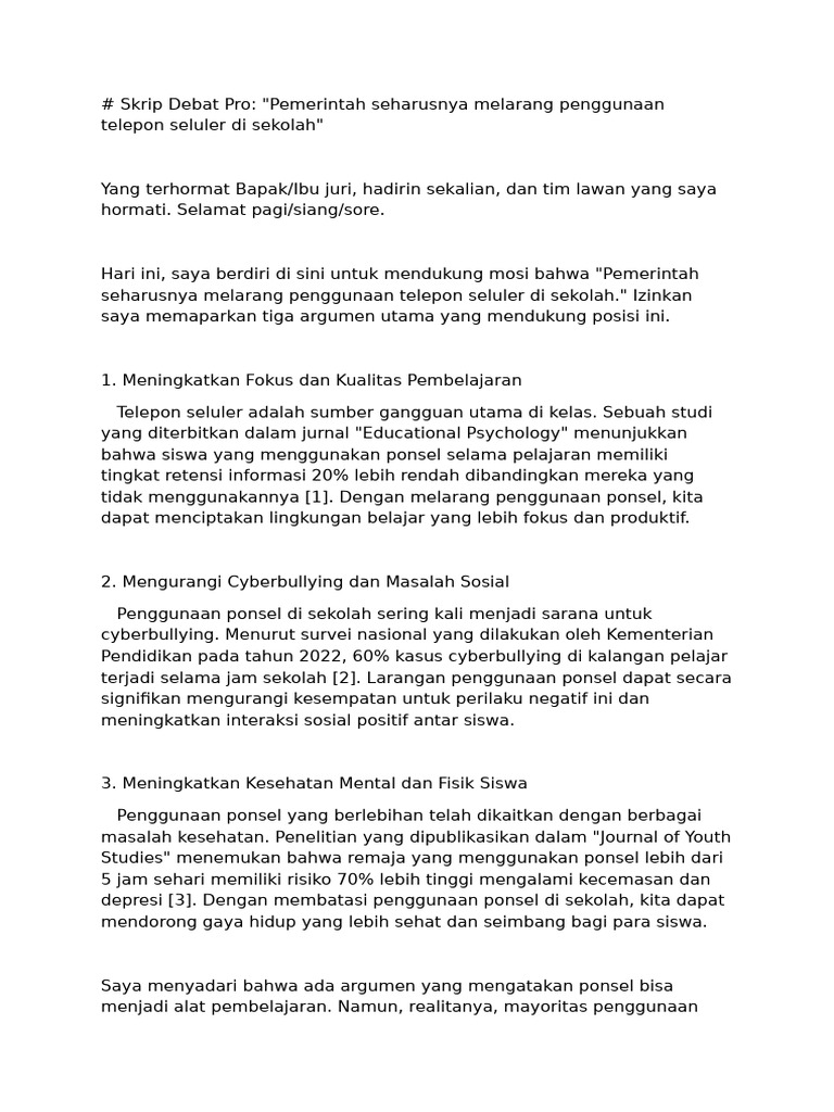 Dokumen Skrip Debat Pro Pemerintah Seharusnya Melarang Penggunaan ...