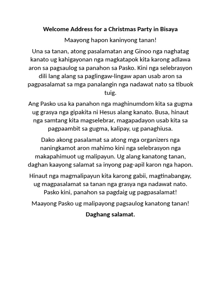 Welcome Address For A Christmas Party in Bisaya | PDF