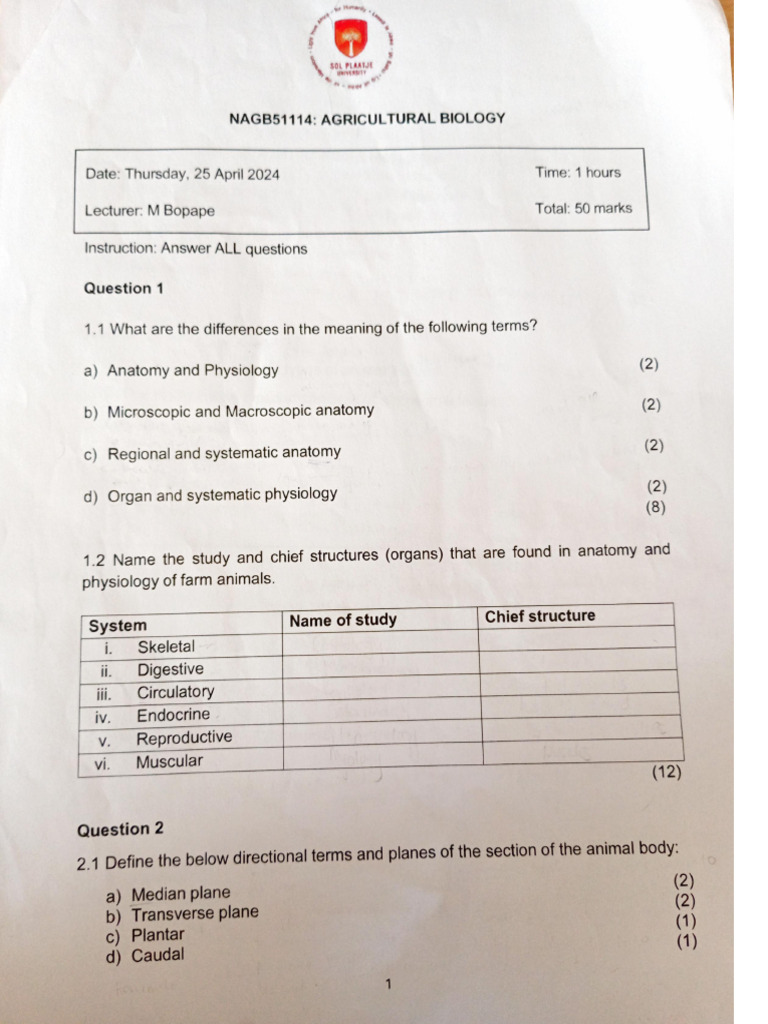 Agricultural Biology Exam Guide | PDF | Anatomy | Anatomical Terms Of ...
