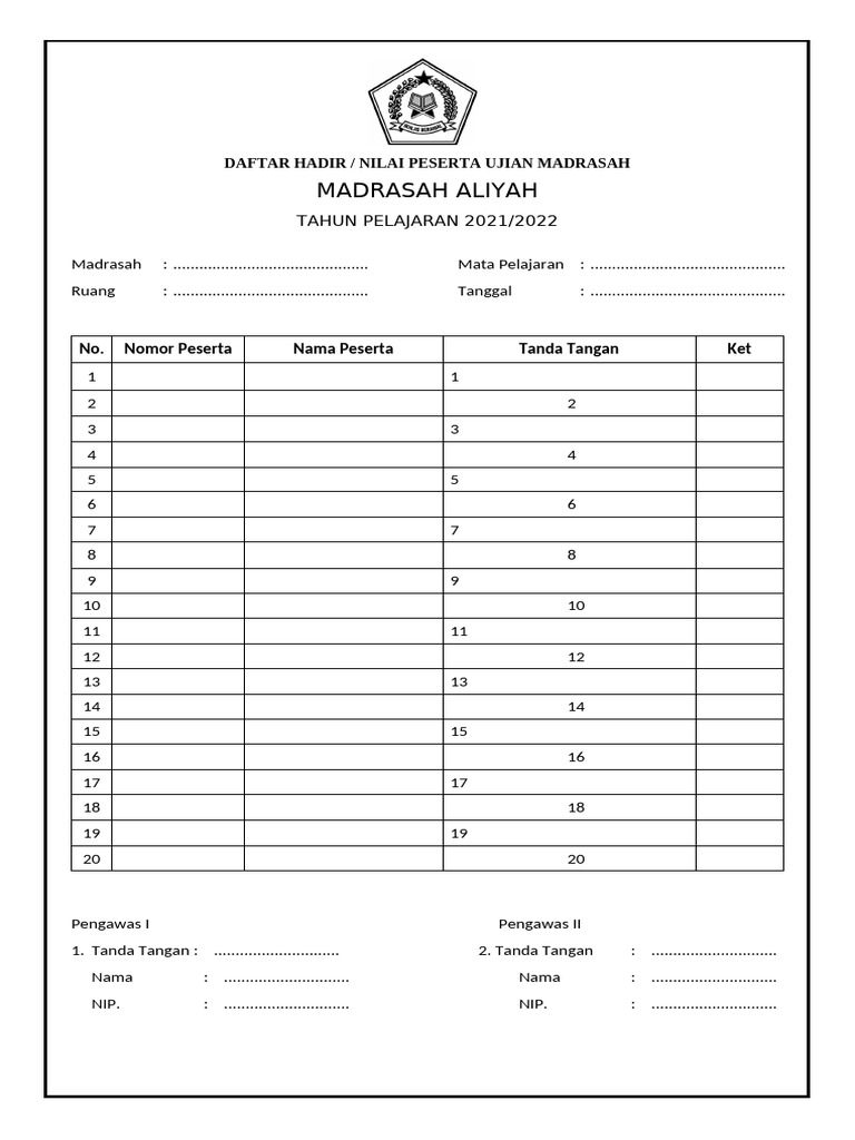 Daftar Hadir Ujian Sekolah-Madrasah | PDF