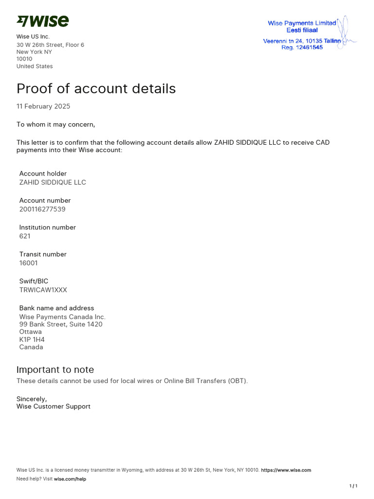 Wise Account Details Confirmation Letter | PDF