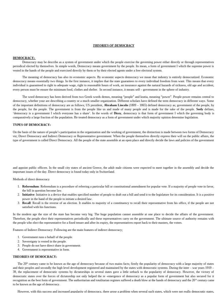 Theories of Democracy | PDF | Democracy | Political Ideologies