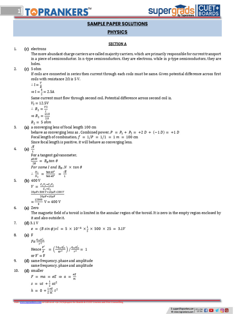 Physics Board Sample Paper 01 Solutions 027c469f8a59e | PDF ...