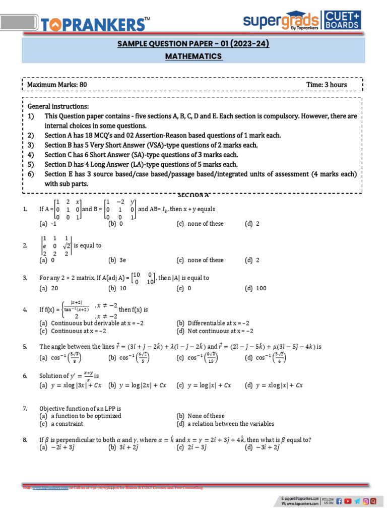 Mathematics Board Sample Paper 01 Questions 027c469da87e8 | PDF ...