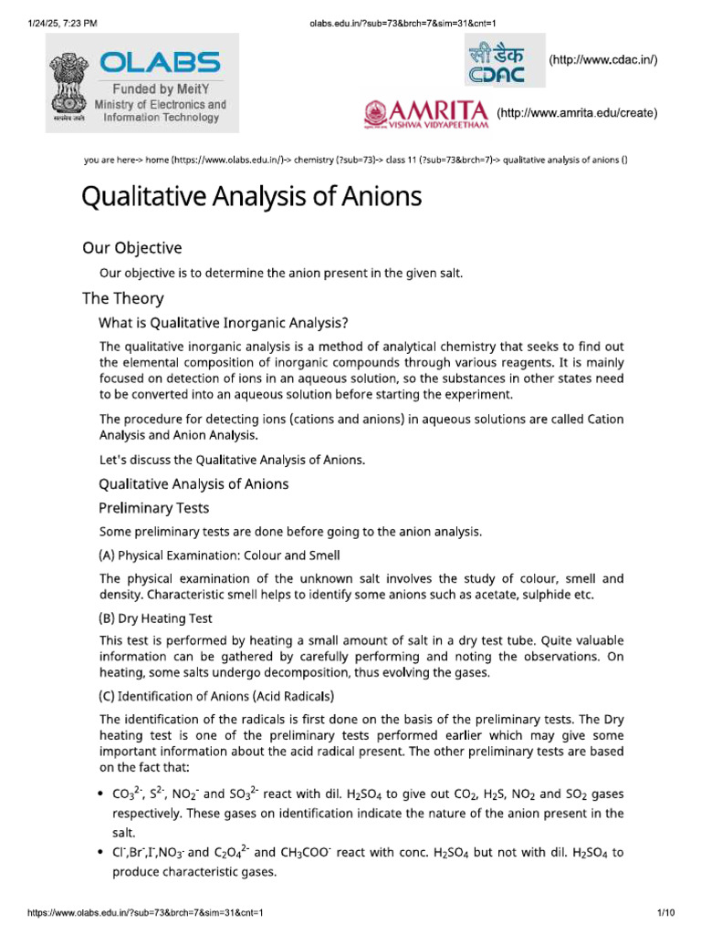 Analysis of Anions | PDF
