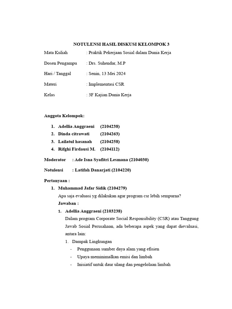 Notulensi Hasil Diskusi Kelompok 3 Dunker | PDF