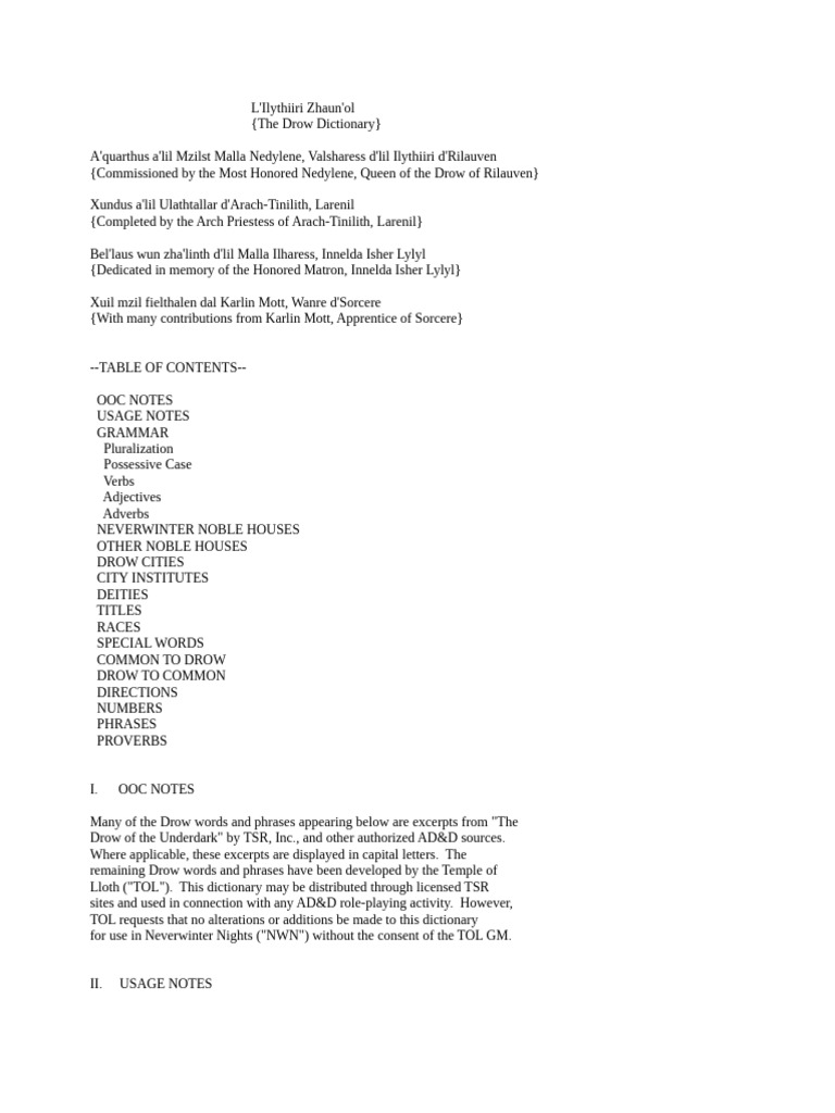D&D - Drow Dictionary | PDF | Perfect (Grammar) | Grammatical Tense