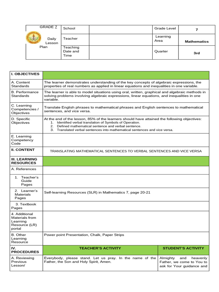 Translating Mathematical Sentences To Verbal Sentences and Vice Versa ...