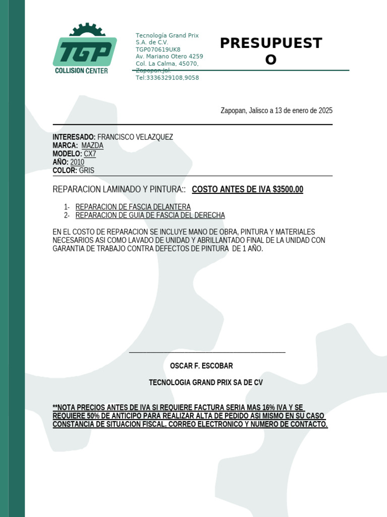 Presupuesto Cx7 Alejandro Glez | PDF