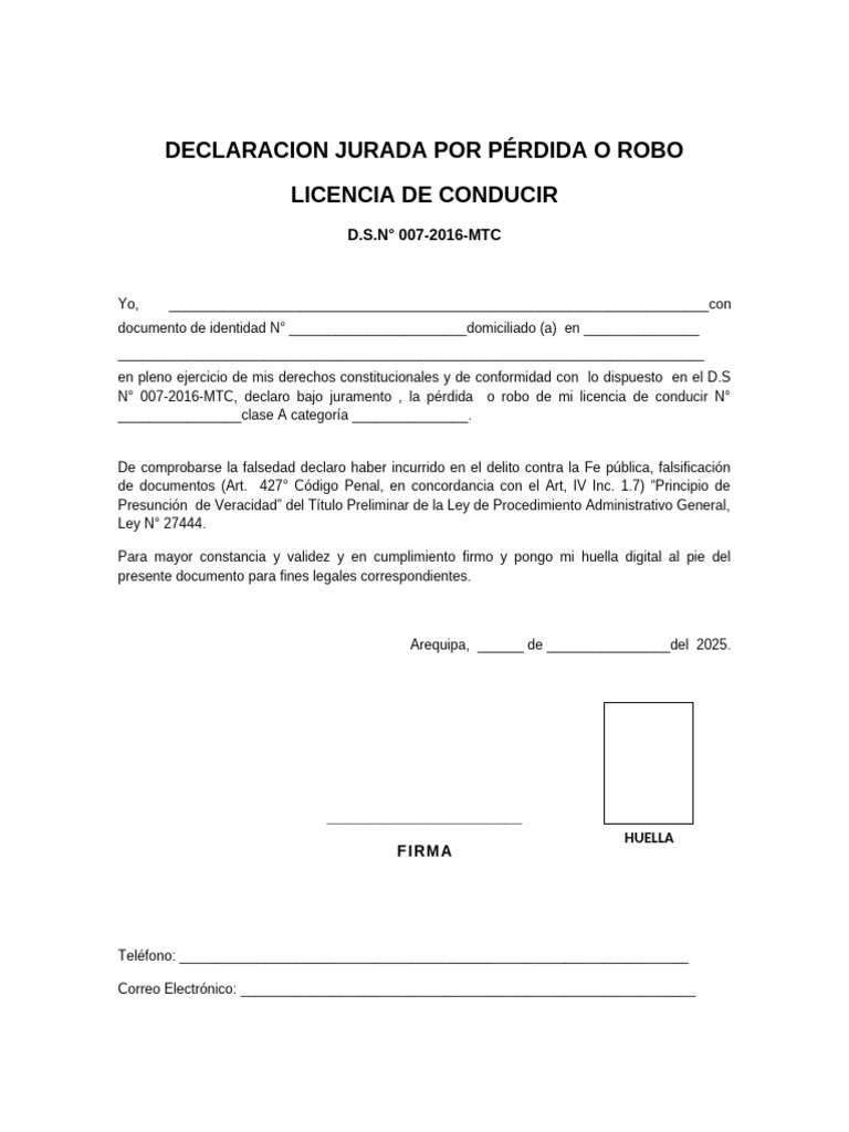 Declaracion Jurada Por Pérdida o Robo MTC | PDF