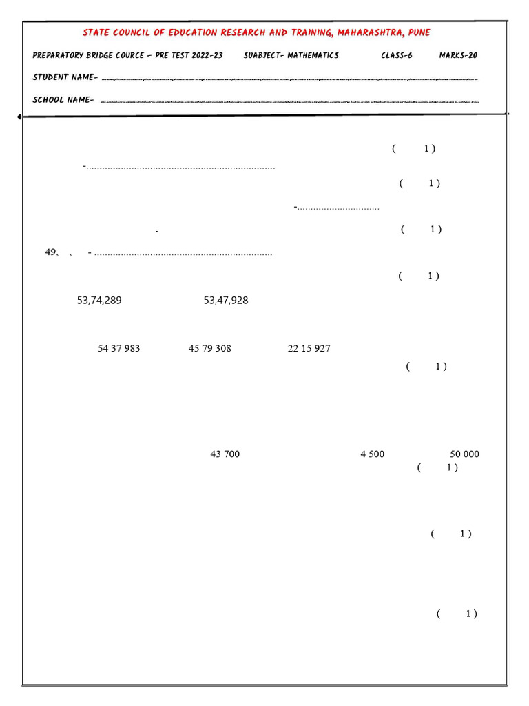 Pre Test STD 6 TH Maths Bridge Course | PDF | Mathematics