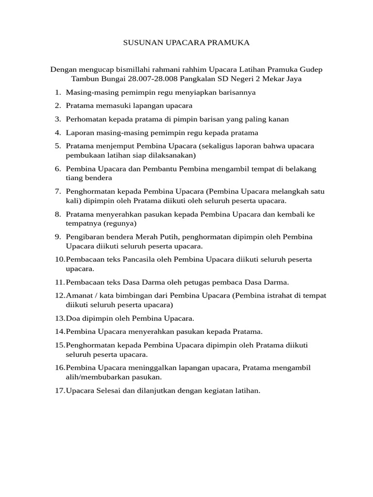 Panduan Upacara Pramuka SD Mekar Jaya | PDF