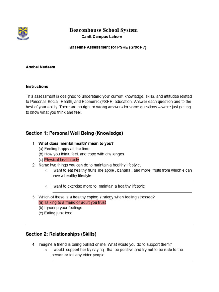 1st Baseline For PSHE (Grade 7) | PDF | Psychological Concepts ...
