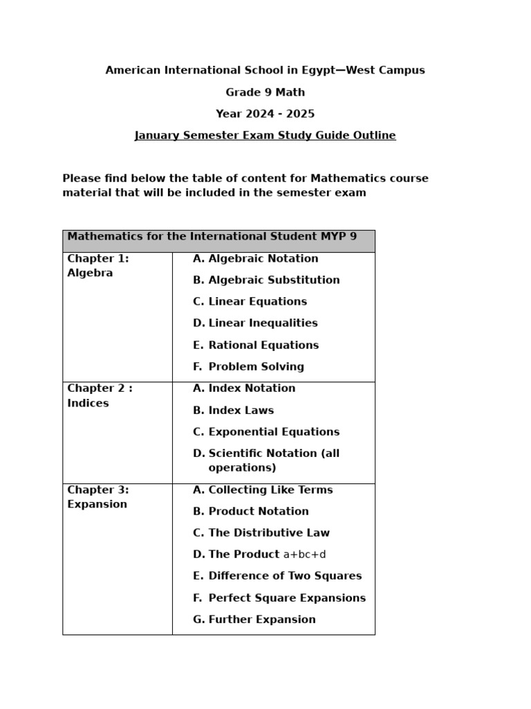 Grade 9 Math Exam Study Guide 2024-2025 | PDF