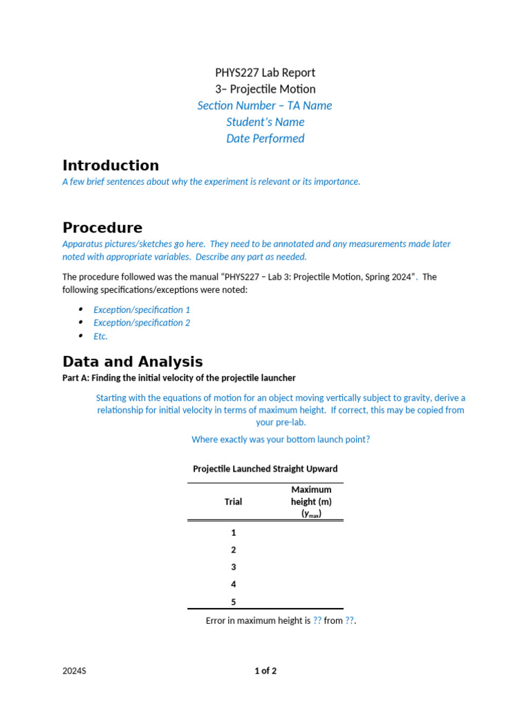 PHYS227 Lab 3 Report Template - Projectile Motion - Tagged | PDF | Projectiles | Applied And ...