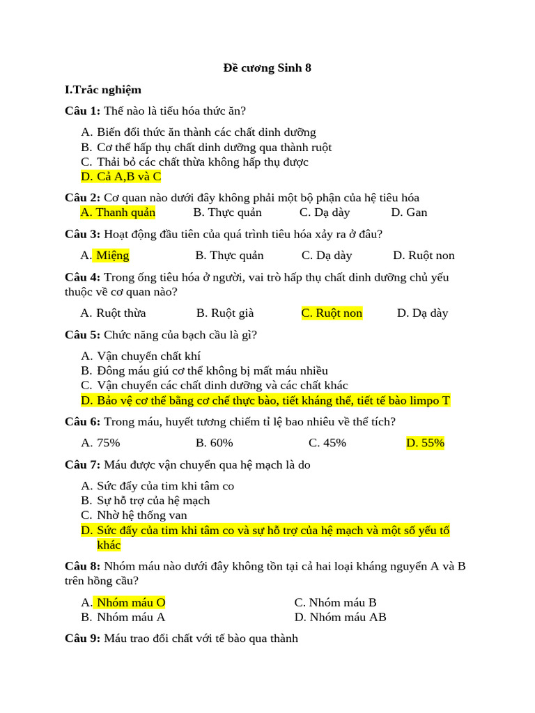Đề cương Sinh 8 CK1 | PDF