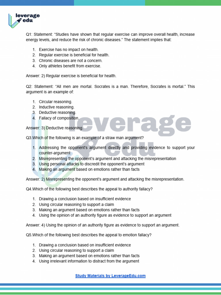 20 Questions of Analyzing Arguments Reasoning Logical Reasoning | PDF | Argument | Fallacy