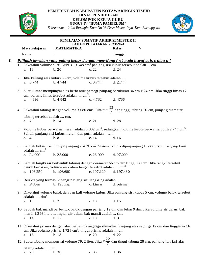 Soal Pas MTK Kelas 5 Sem Genap 2024. | PDF