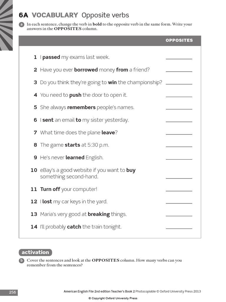 Unit 6A - Vocabulary Bank - Opposite Verbs | PDF