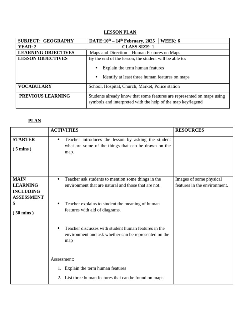 Year 2 Geography Lesson Plan - WK 6 | PDF