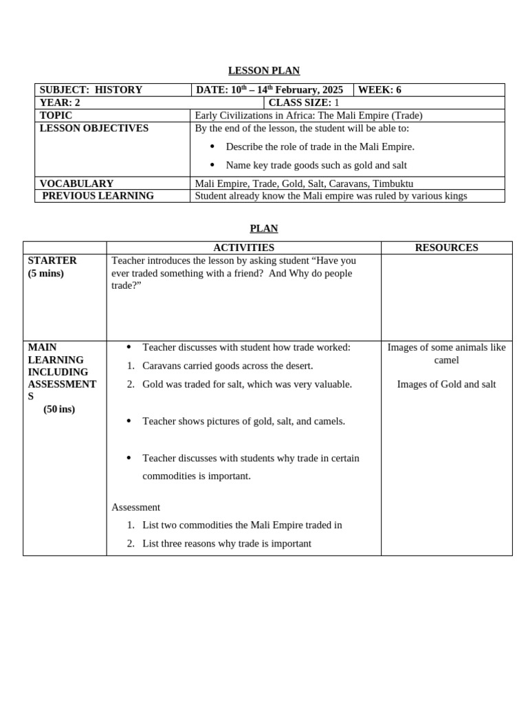 Mali Empire Trade Lesson Plan | PDF