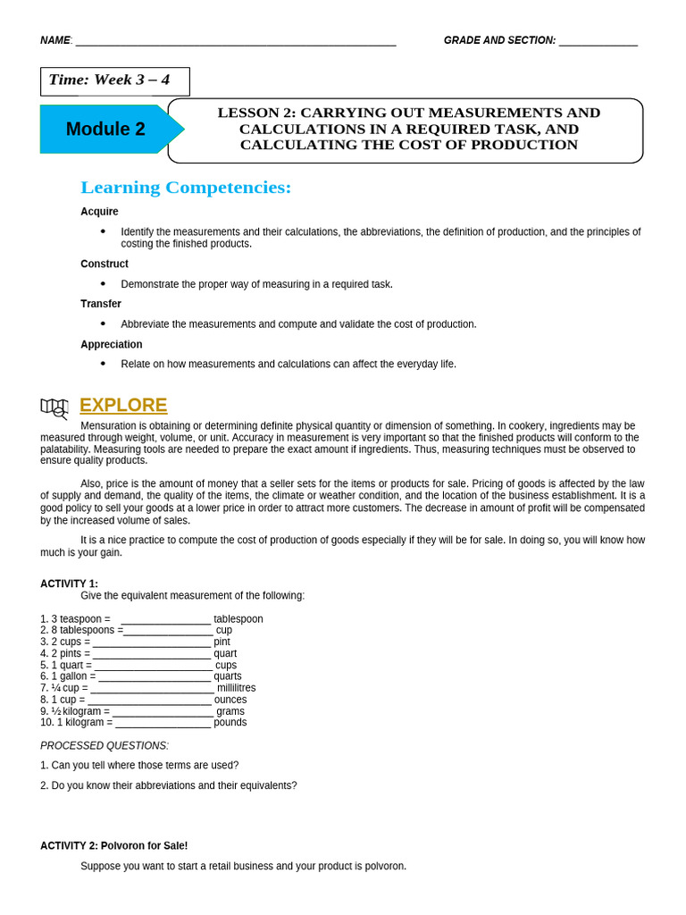 Cookery 4TH QTR Week 3 and 4 Enhanced Module | PDF | Litre | Gallon