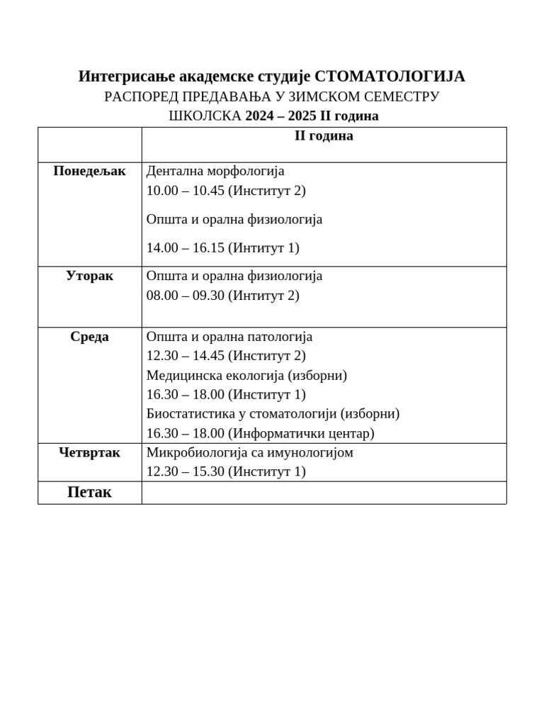 Raspored Predavanja Stomatologija 2 | PDF