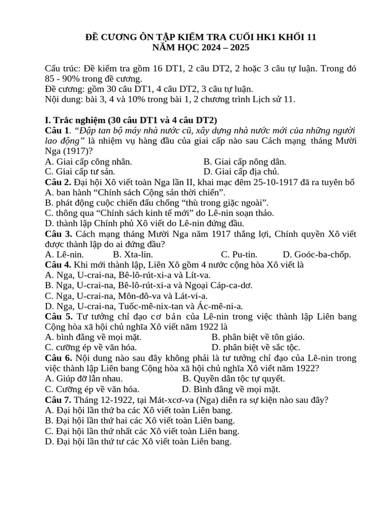 ĐỀ CƯƠNG KTCK1 KHỐI 11 (2024-2024) | PDF