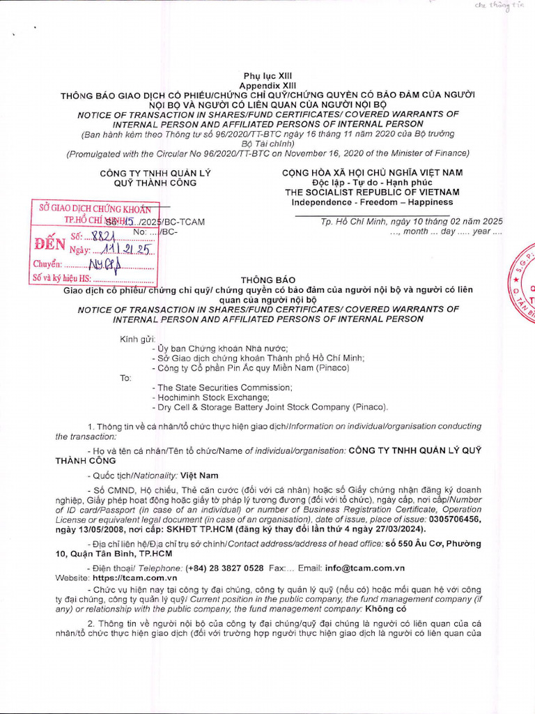 PAC - Thong Bao Giao Dich CP Cua TCCLQ - Cty TNHH Qly Quy Thanh Cong ...