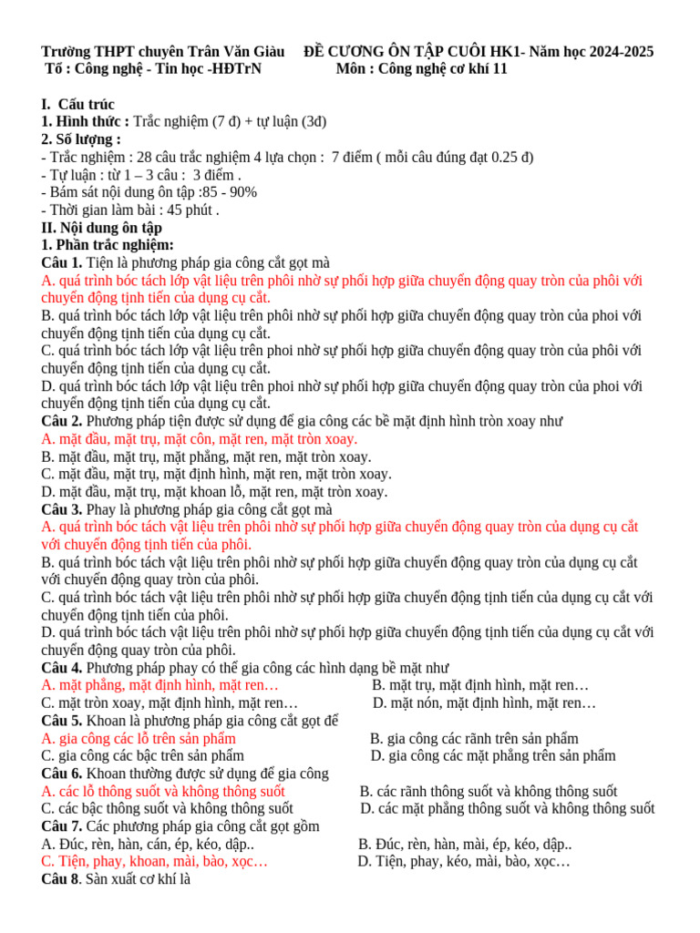 Đề cương ôn tập KTCK1 lớp 11 24 25 | PDF