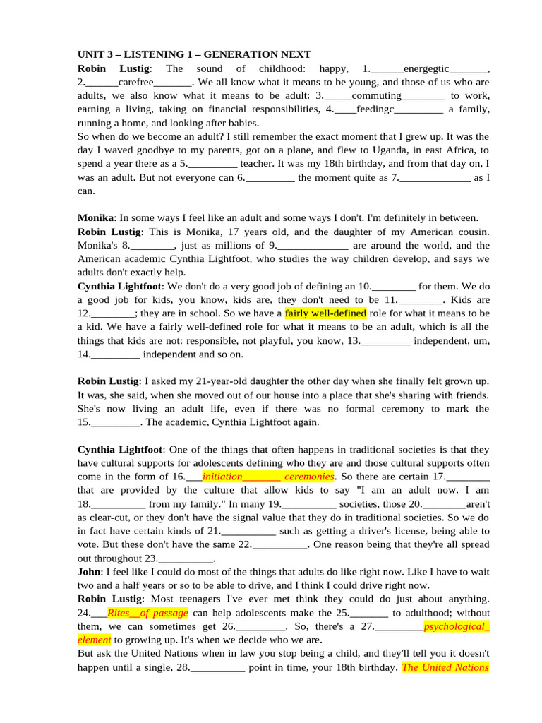 UNIT 3 LISTENING 1_elearning | PDF | Adolescence | Adults