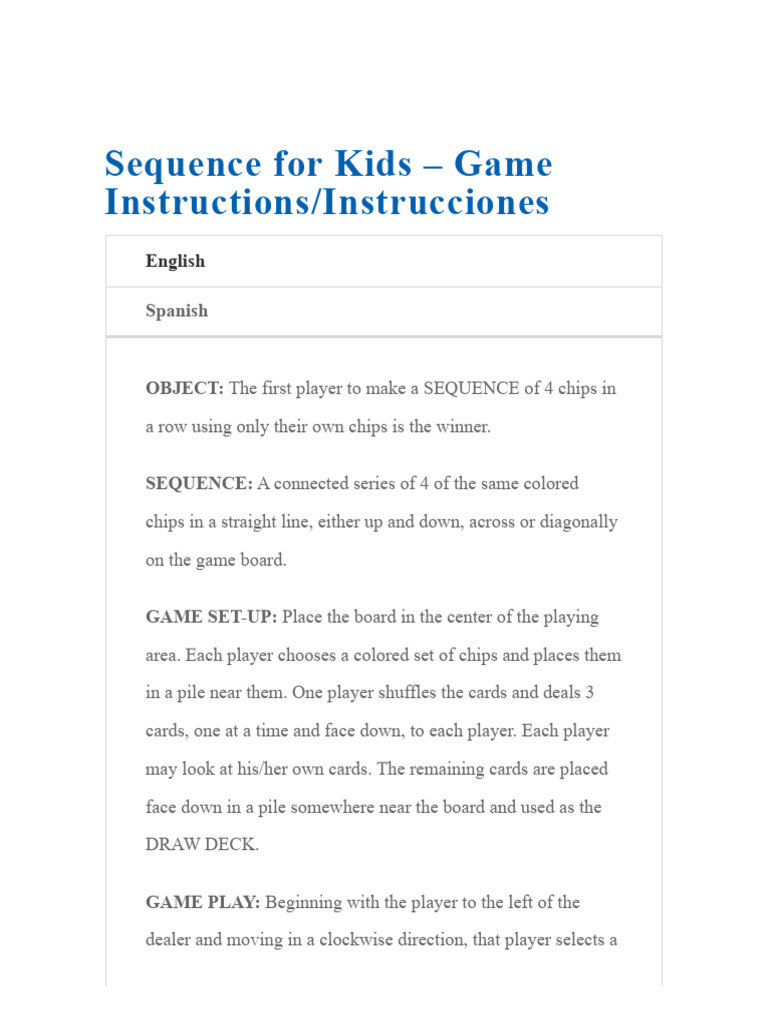 Sequence For Kids - Game Instructions - Instrucciones - JAX Games | PDF | Playing Cards | Gaming