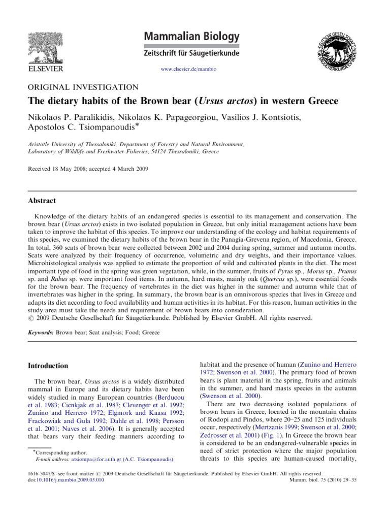 The Dietary Habits of The Brown Bear (Ursus Arctos) in Western Greece ...