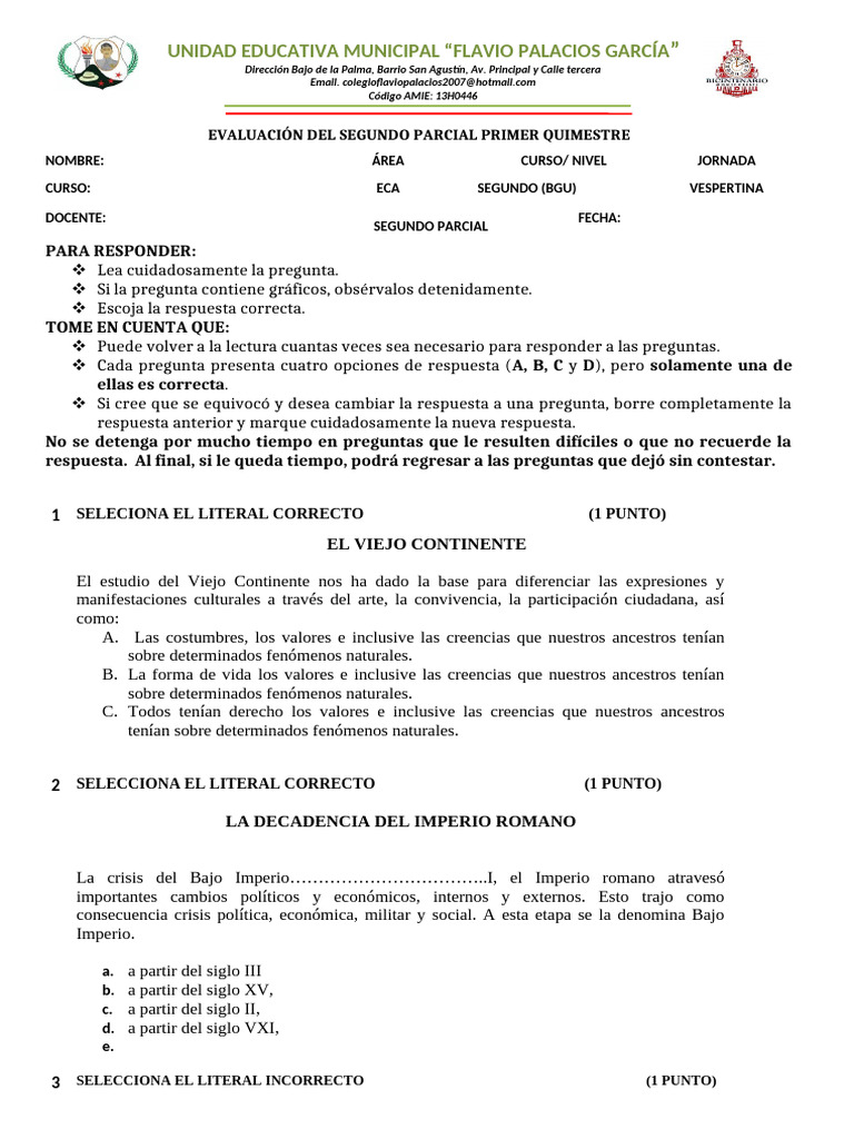 Examen Segundo Eca#2 | PDF | imperio Bizantino | imperio Romano