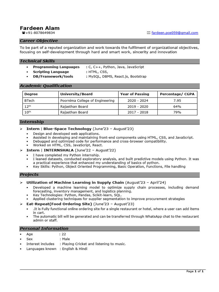 Fardeen_CV | PDF | Java Script | Python (Programming Language)