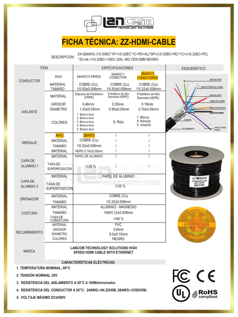 Especificaciones del Cable HDMI ZZ-HDMI-CABLE | PDF | Cobre | Aislador (Electricidad)