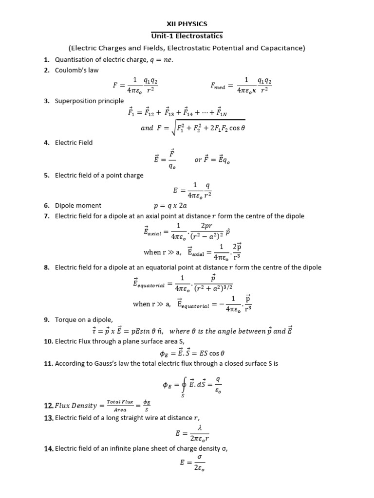 Class 12 - Formulas | PDF | Electric Field | Capacitor