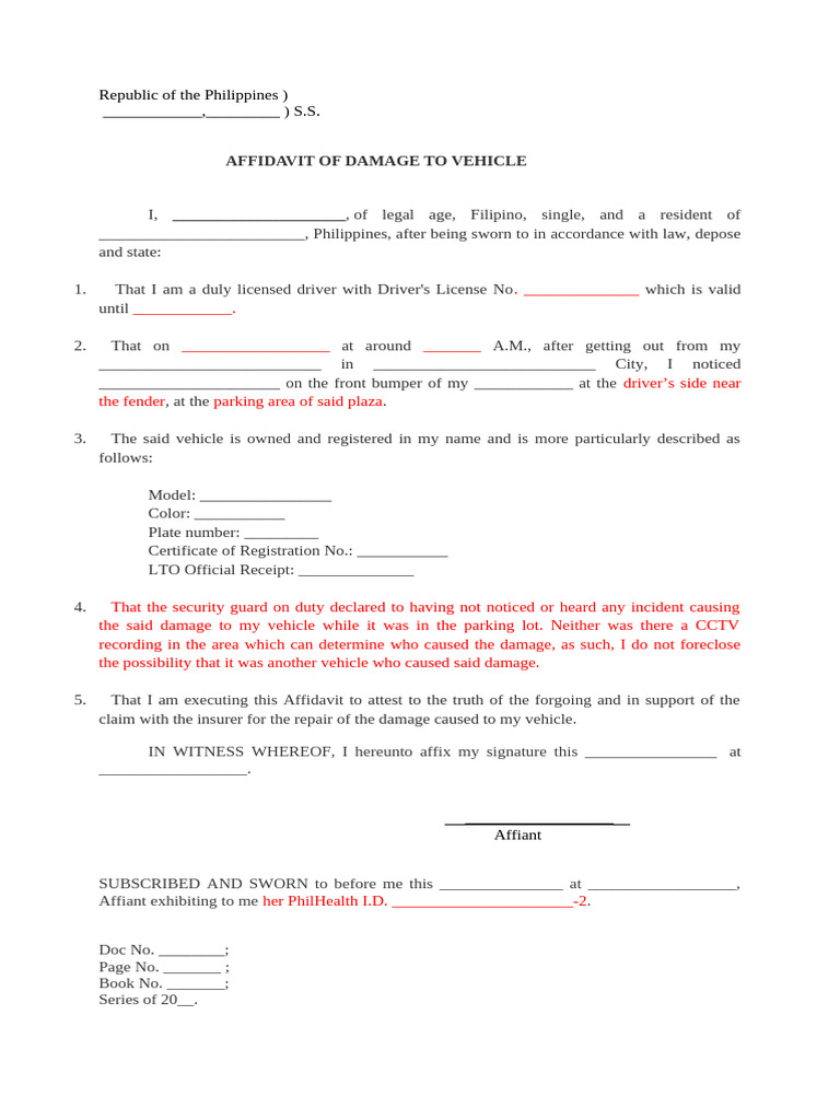 Affidavit of Damage To Vehicle | PDF