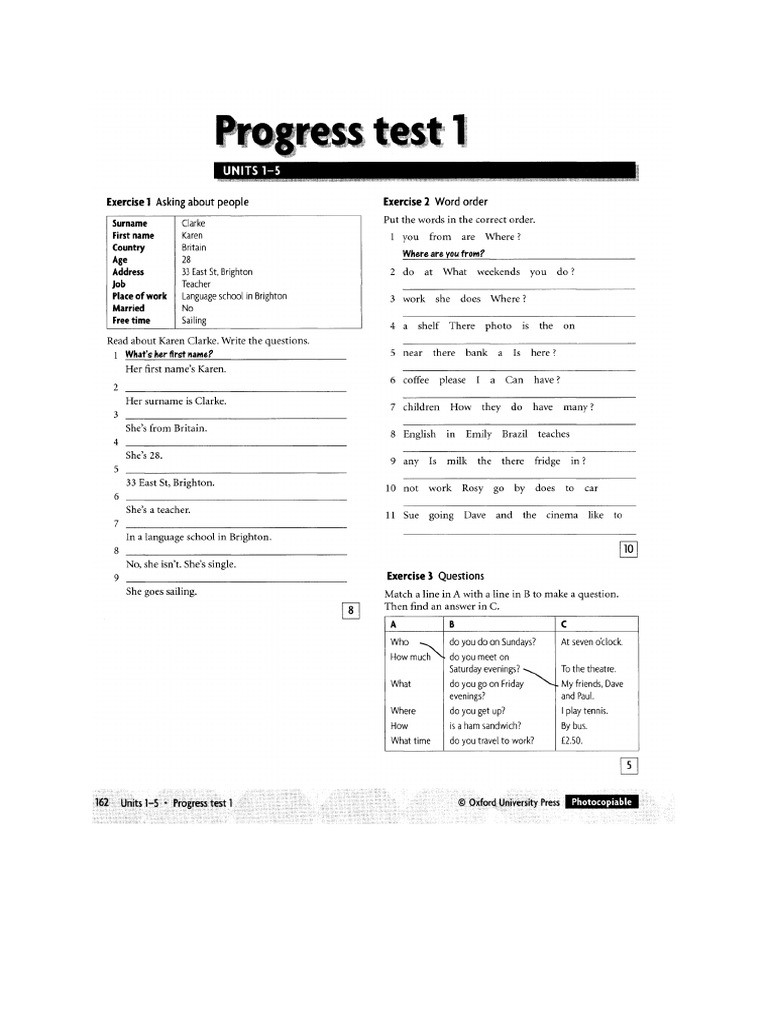 Elementary Progress Test 1 | PDF