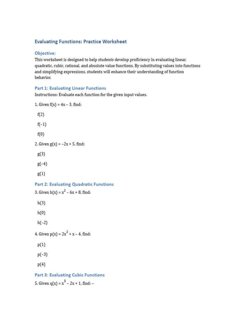 Evaluating Functions Worksheet (1) (1) | PDF