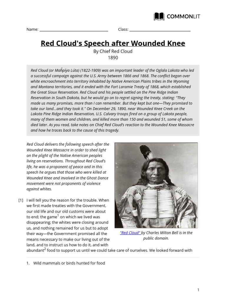 Red Cloud's Speech on Wounded Knee | PDF | Lakota People | Siouan Peoples