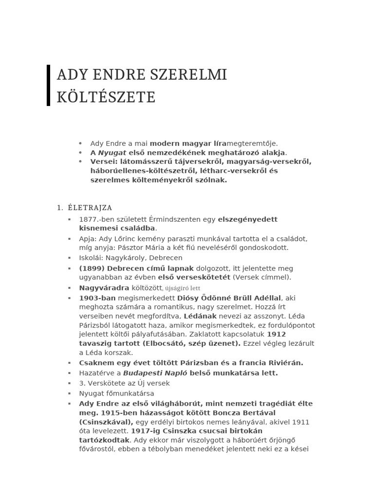 Ady Endre Szerelmi Költészete: 1. Életrajza | PDF