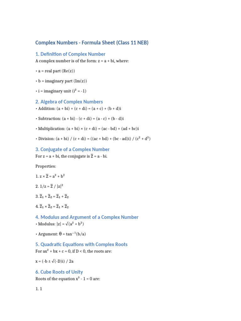 Complex Numbers Formula Sheet Class 11 Revised | PDF